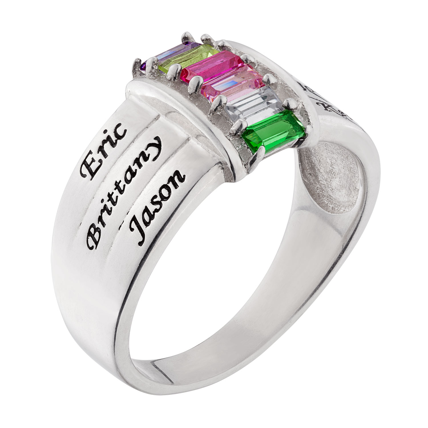 Sterling Silver Family Baguette Name & Birthstone Ring