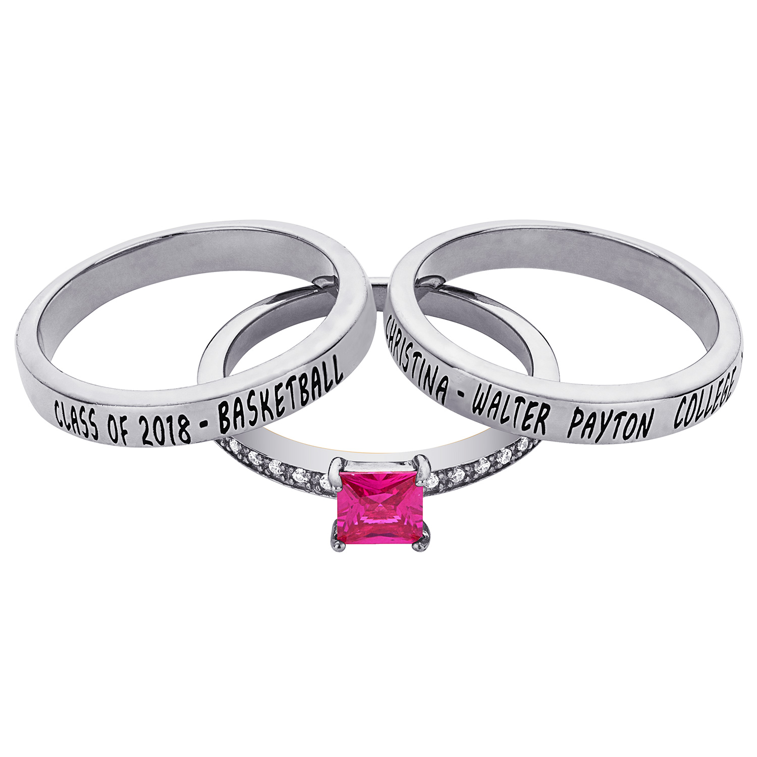 Sterling Silver Stackable Class Ring with Square Birthstone Band