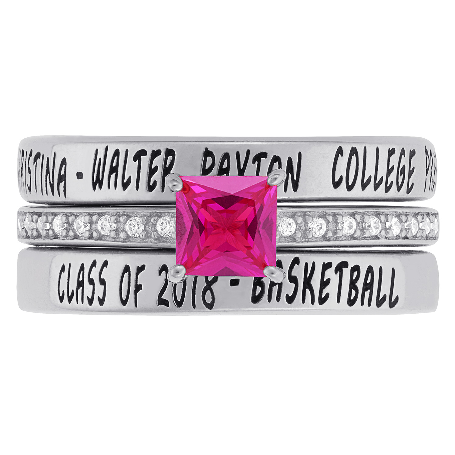 Sterling Silver Stackable Class Ring with Square Birthstone Band