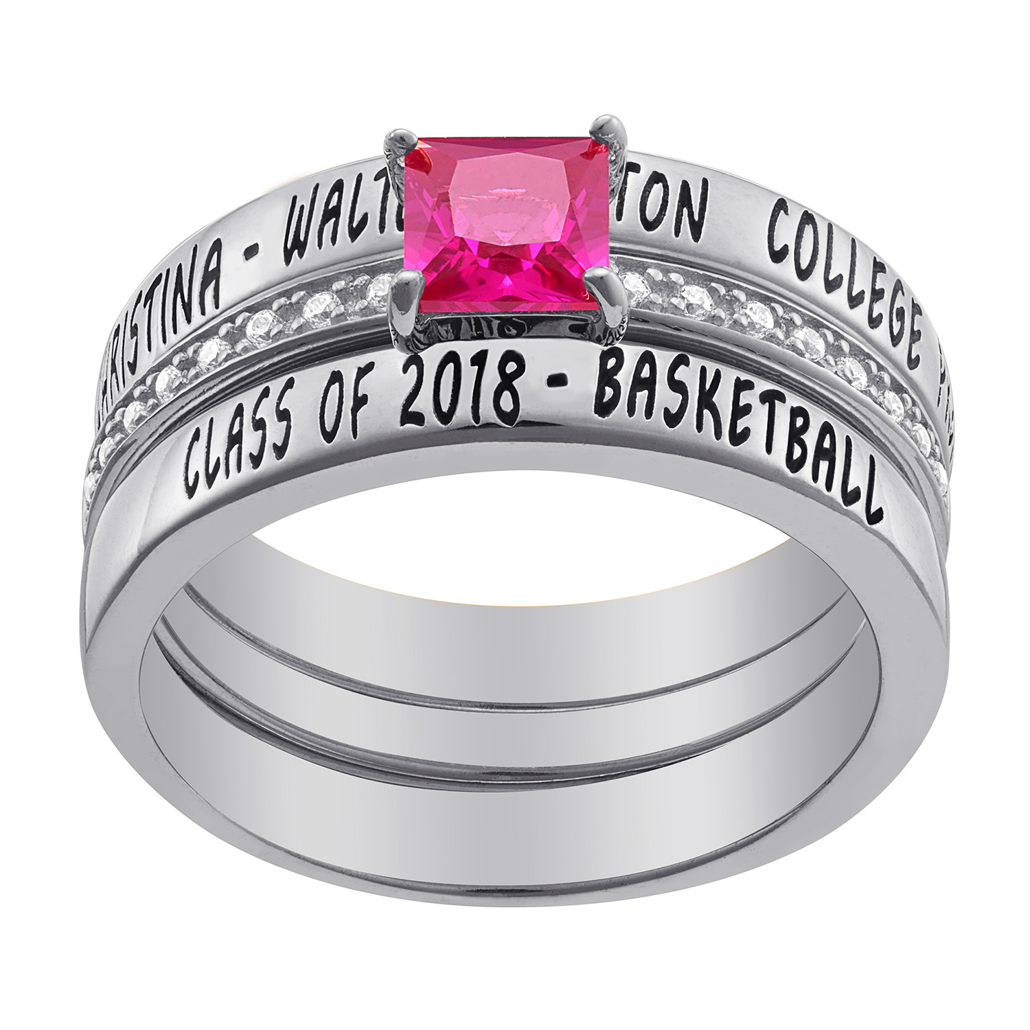 Sterling Silver Stackable Class Ring with Square Birthstone Band