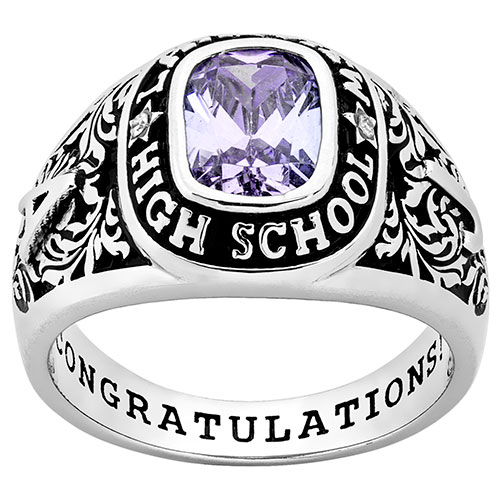 Ladies Cushion Cut Simulated Gemstone and Diamond Accent Class Ring 1 Stone and 3 Lines Zales